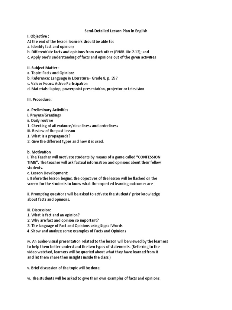 Semi Detailed Sample Lesson Plan | PDF | Lesson Plan | Learning