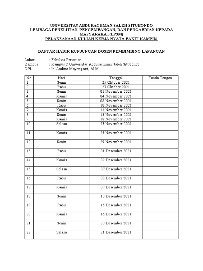 Format Daftar Hadir Kunjungan DPL - 2 | PDF
