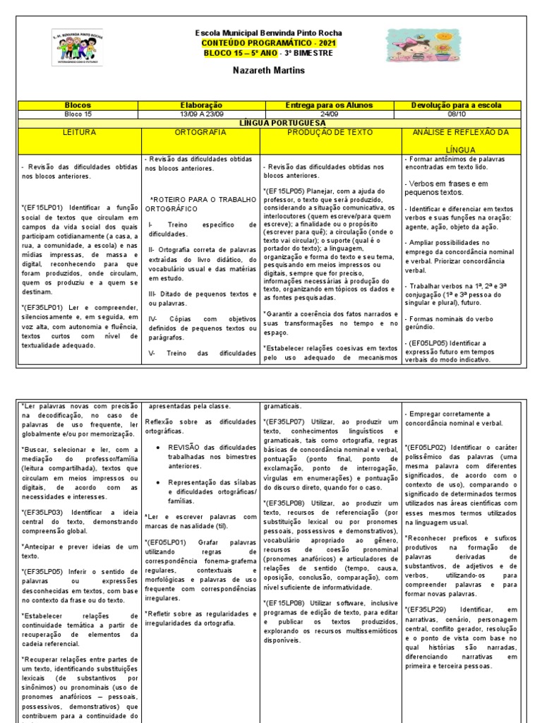 Conteúdo Programático Bloco 15 - 5º Ano | PDF | Pronome | Palavra