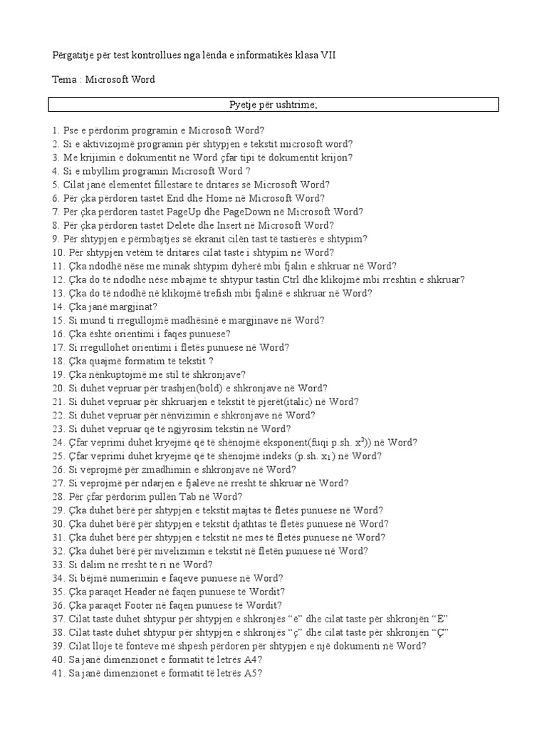 Pyetje Për Ushtrime Ms-Word Klasa VII | PDF