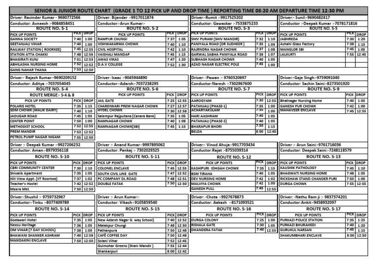 Senior & Junior Route Chart (Grade 1 To 12 Pick Up and Drop Time ...