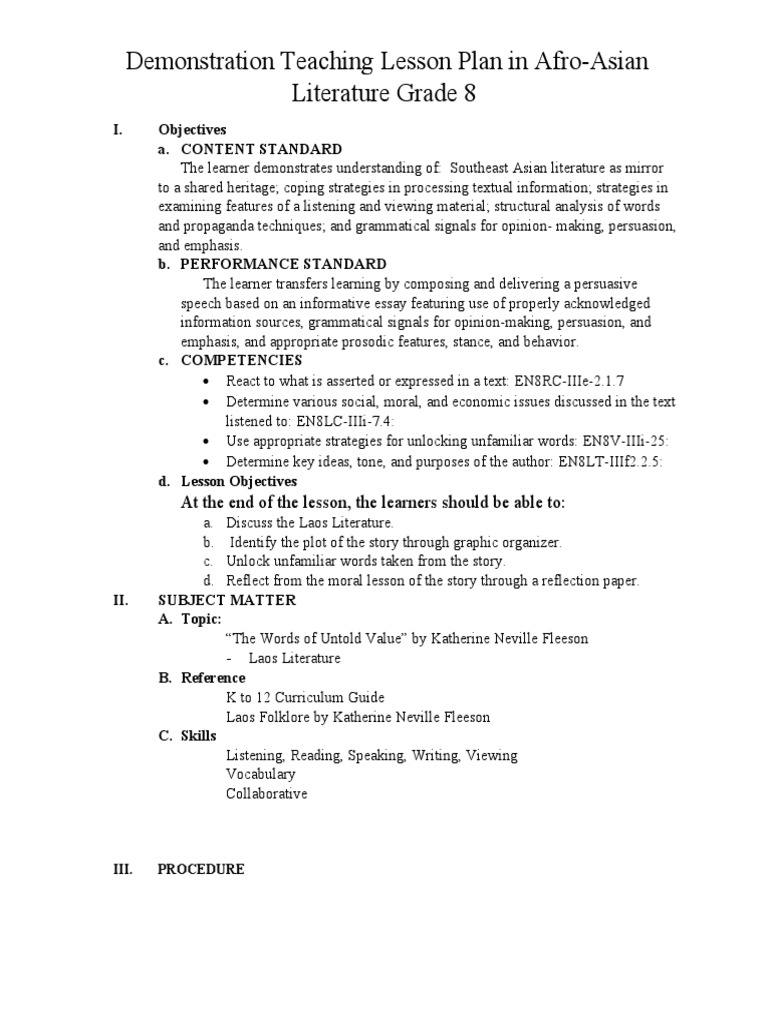 Demonstration Teaching Lesson Plan in Afro-Asian Literature Grade 8 ...