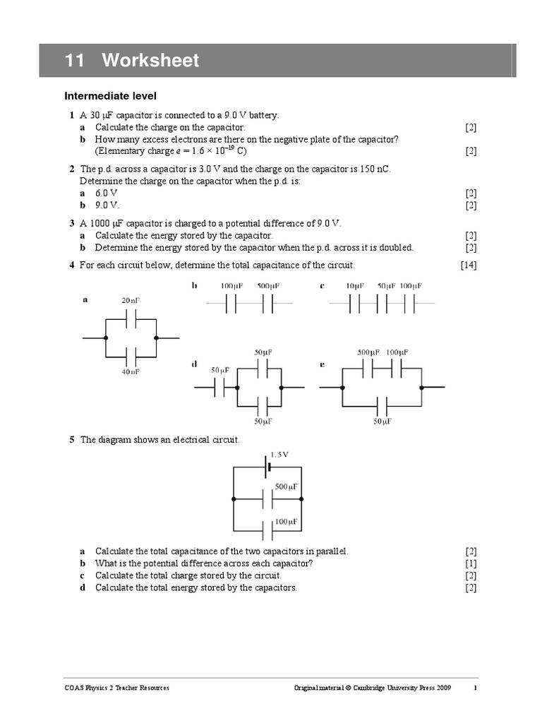 11 Worksheet: Intermediate Level | PDF | Capacitor | Electrical Network