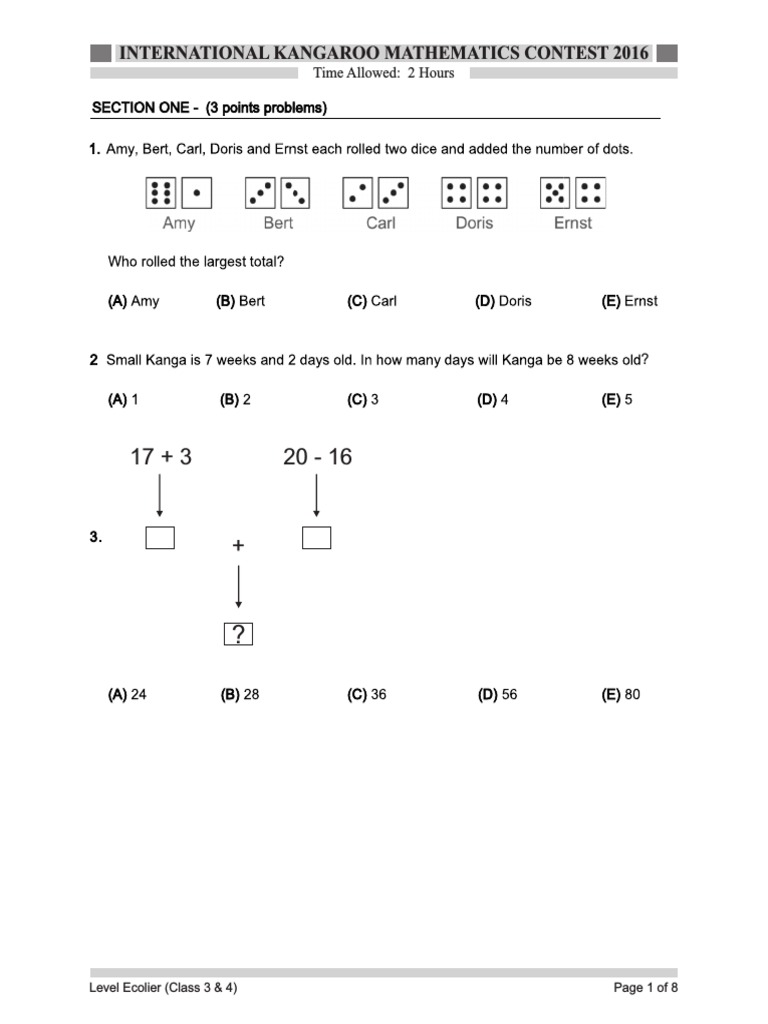 International Kangaroo Mathematics Contest 2016: Time Allowed: 2 Hours ...