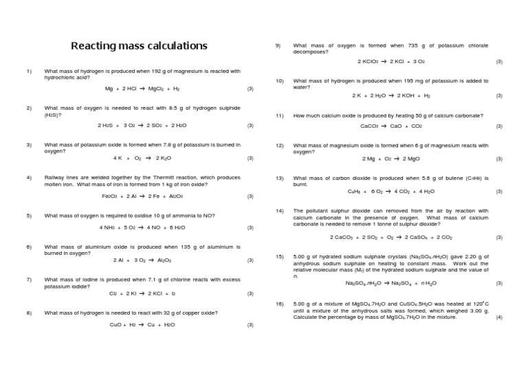 Reacting Masses Worksheet | PDF | Magnesium | Oxide