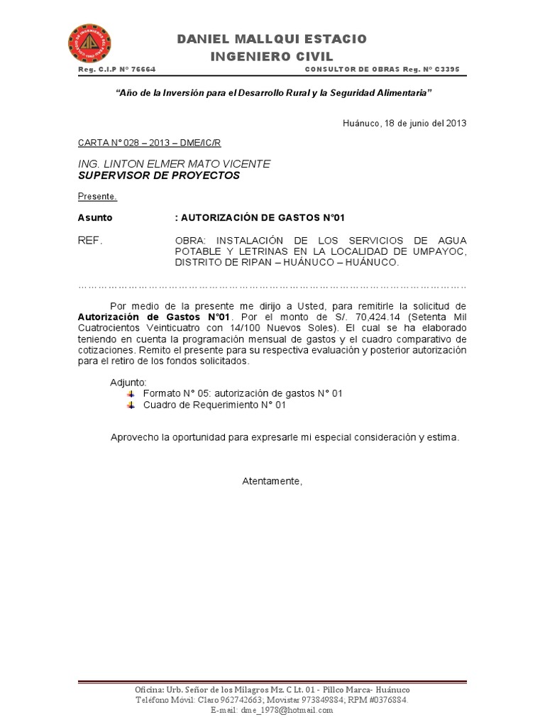 Carta #028-2013-Dme Autorizacion de Gastos #01 Umpayoc | PDF