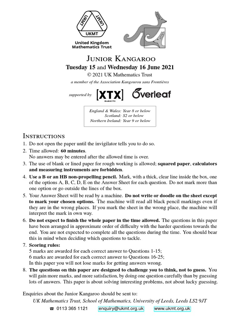 Junior Kangaroo 2021 Paper | PDF | Mathematics | Euclidean Plane Geometry
