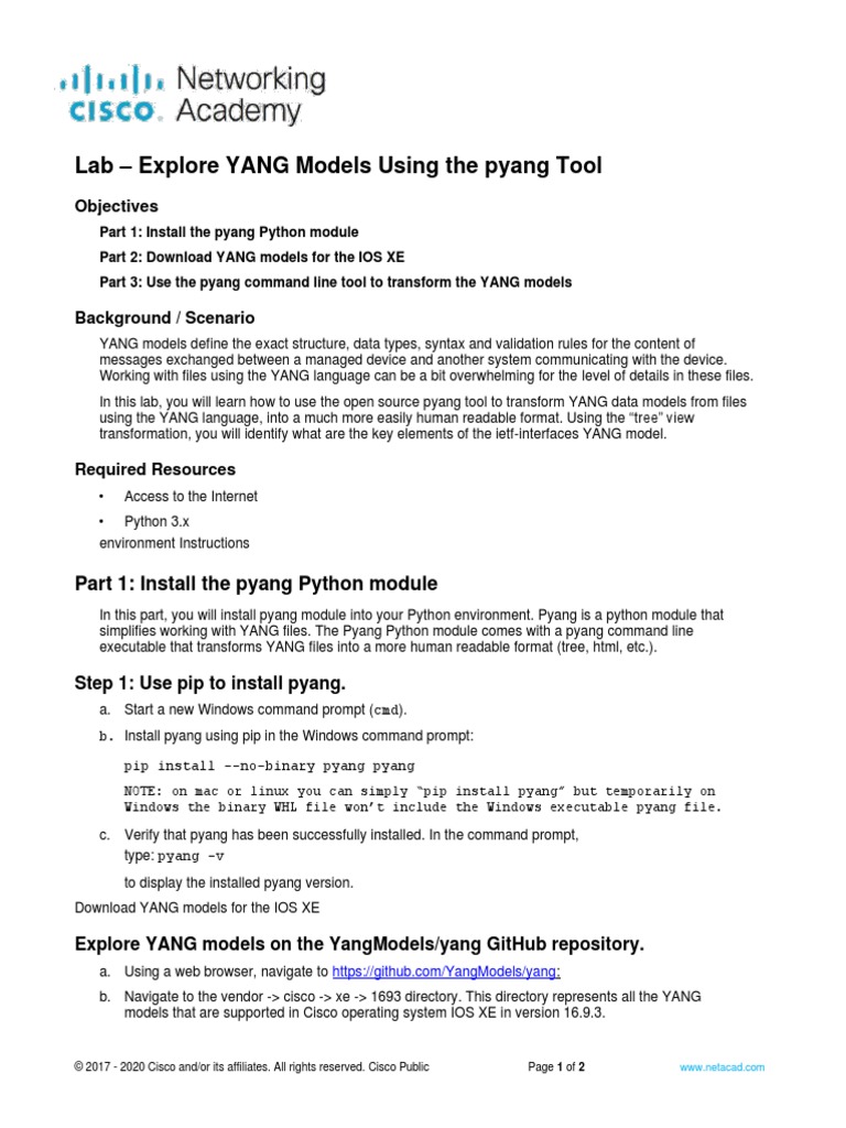 Lab - Explore YANG Models Using The Pyang Tool: Objectives | PDF | Command Line Interface | File ...