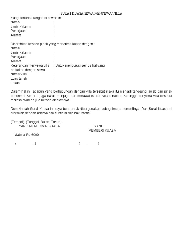 Surat Kuasa Sewa Menyewa Villa | PDF