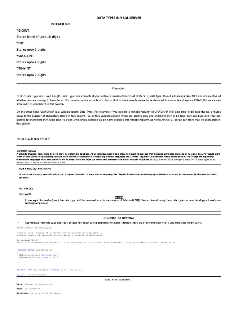 Data Types Inn SQL Server | PDF | Integer (Computer Science) | Data Type