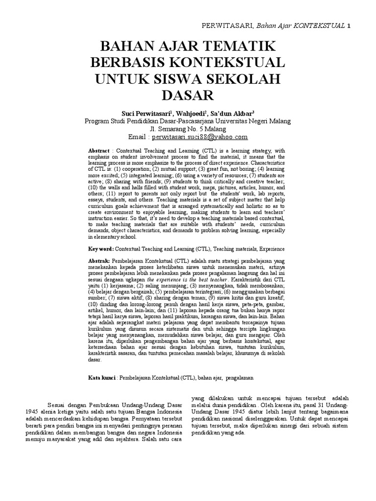 Bahan Ajar Tematik Berbasis Kontekstual Untuk Siswa Sekolah Dasar | PDF