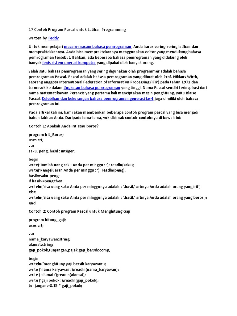 17 Contoh Program Pascal Untuk Latihan Programming | PDF