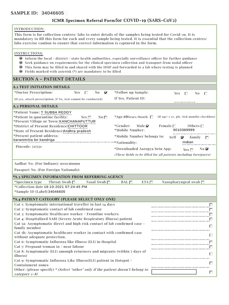Sample Id: Sample Id: 34046605 Icmr Specimen Referral Form Icmr ...