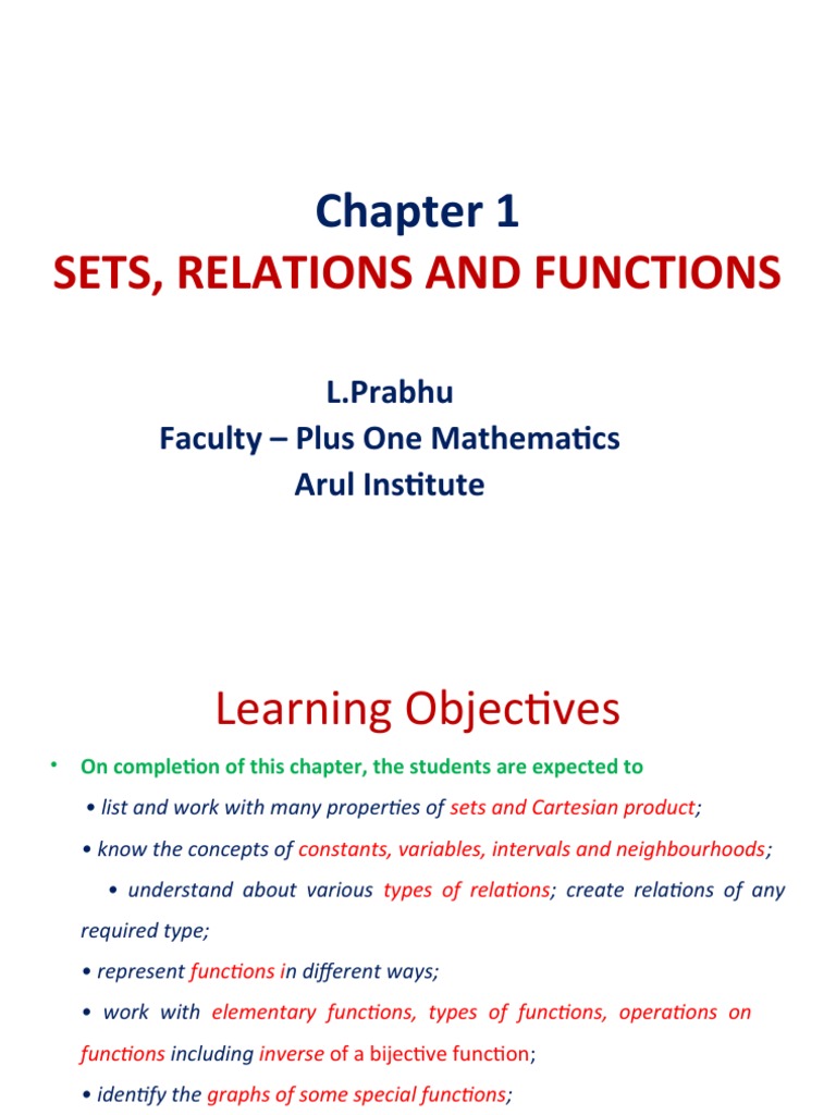 Sets, Relations and Functions: L.Prabhu Faculty - Plus One Mathematics Arul Institute | PDF ...