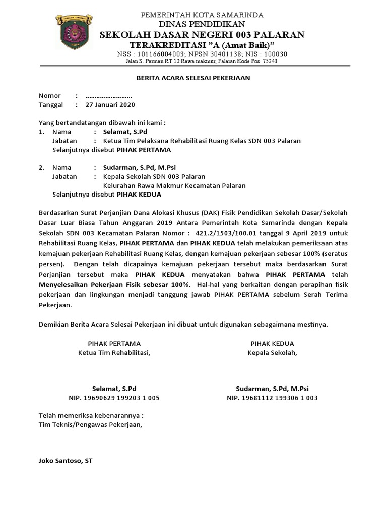 Berita Acara Rehabilitasi SDN 003 Palaran | PDF