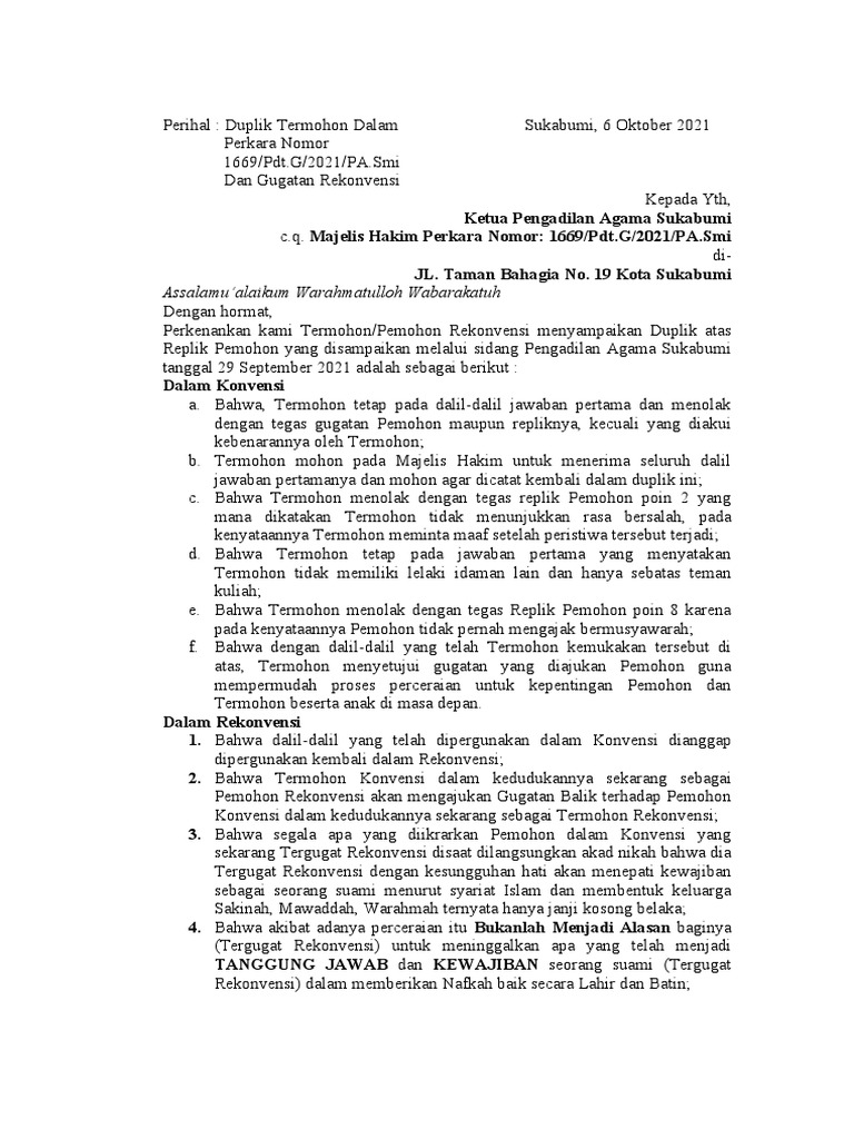 Duplik Termohon & Gugatan Rekonvensi | PDF