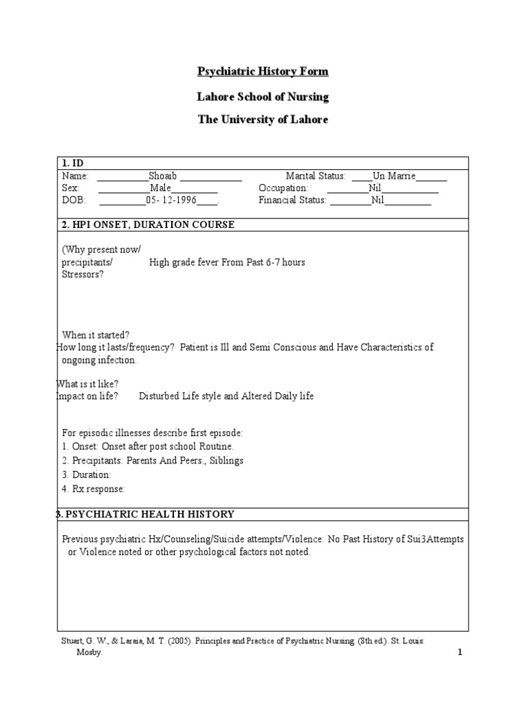 Psychiatric History Form Lahore School of Nursing The University of ...
