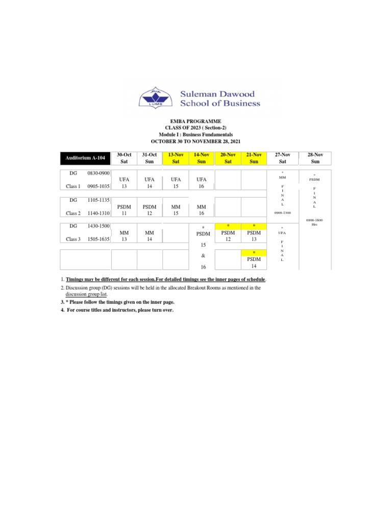 EMBA 2023 Module-1-Schedule (Oct 30 Till Nov 28, 2021) S2 A-104 | PDF