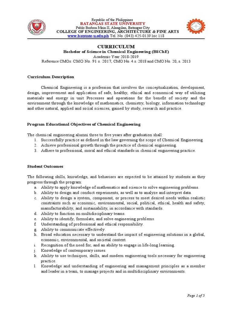 Curriculum: Bachelor of Science in Chemical Engineering (Bsche) | PDF ...
