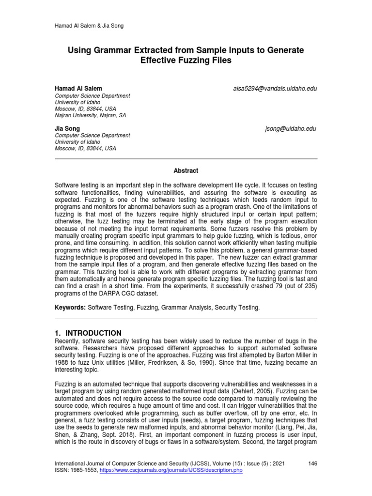Using Grammar Extracted From Sample Inputs To Generate Effective Fuzzing Files Pdf Computing