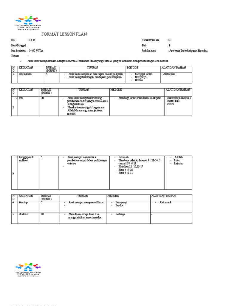 Format Lesson Plan Youth 12-14 | PDF