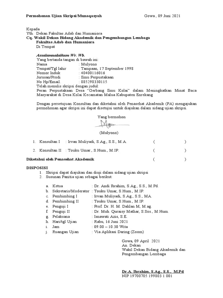 Permohonan Ujian Skripsi Mulyono | PDF