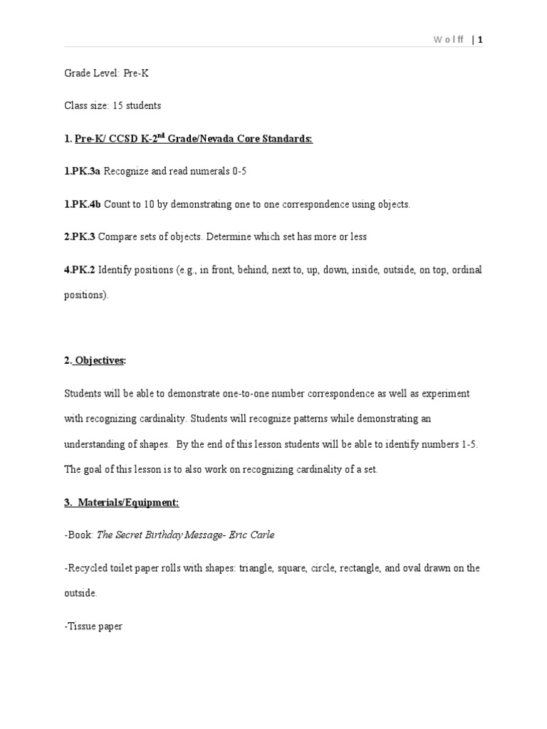 Ece 151-Lesson Plan - Wolff | PDF | Neuropsychological Assessment ...
