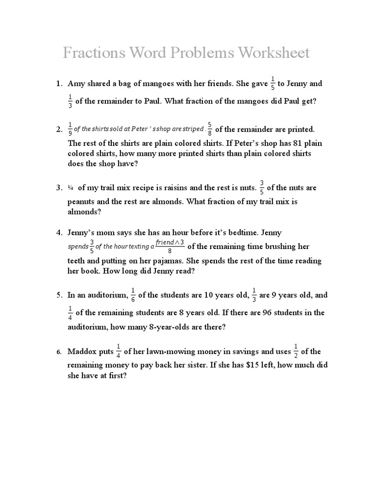 Fractions Word Problems Worksheet | PDF | Language Arts & Discipline