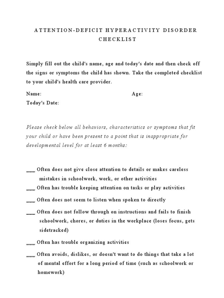 Adhd Checklist | PDF | Attention Deficit Hyperactivity Disorder ...