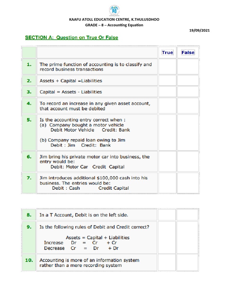 Accounting Equation Worksheet | PDF
