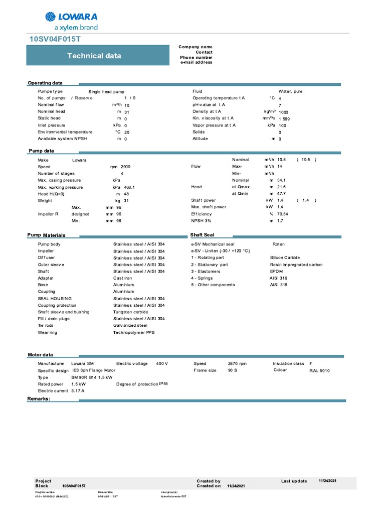 Technical Data: 10SV04F015T | PDF | Pump | Pressure