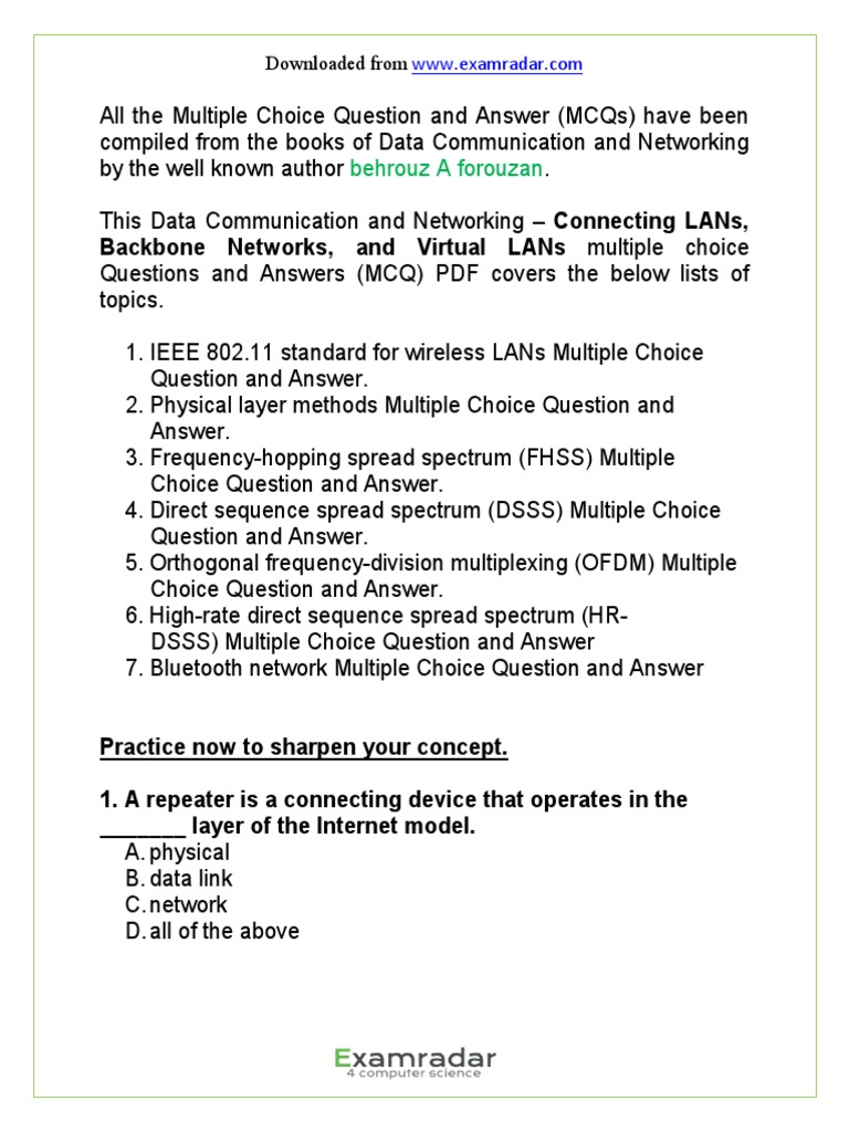 CH 15 Connecting LANs Backbone Networks and Virtual LANs Multiple Choice Questions Answers MCQ ...