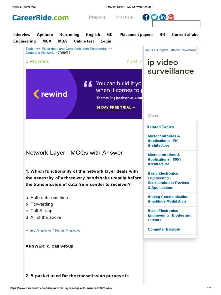 Network Layer - Mcqs With Answer Network Layer - Mcqs With Answer | PDF | Internet Protocols ...