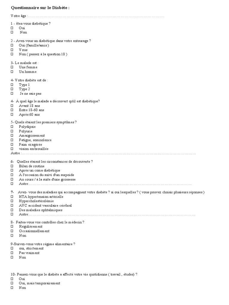 Questionnaire sur le Diabète et Hypertension | PDF | Diabète | Système ...