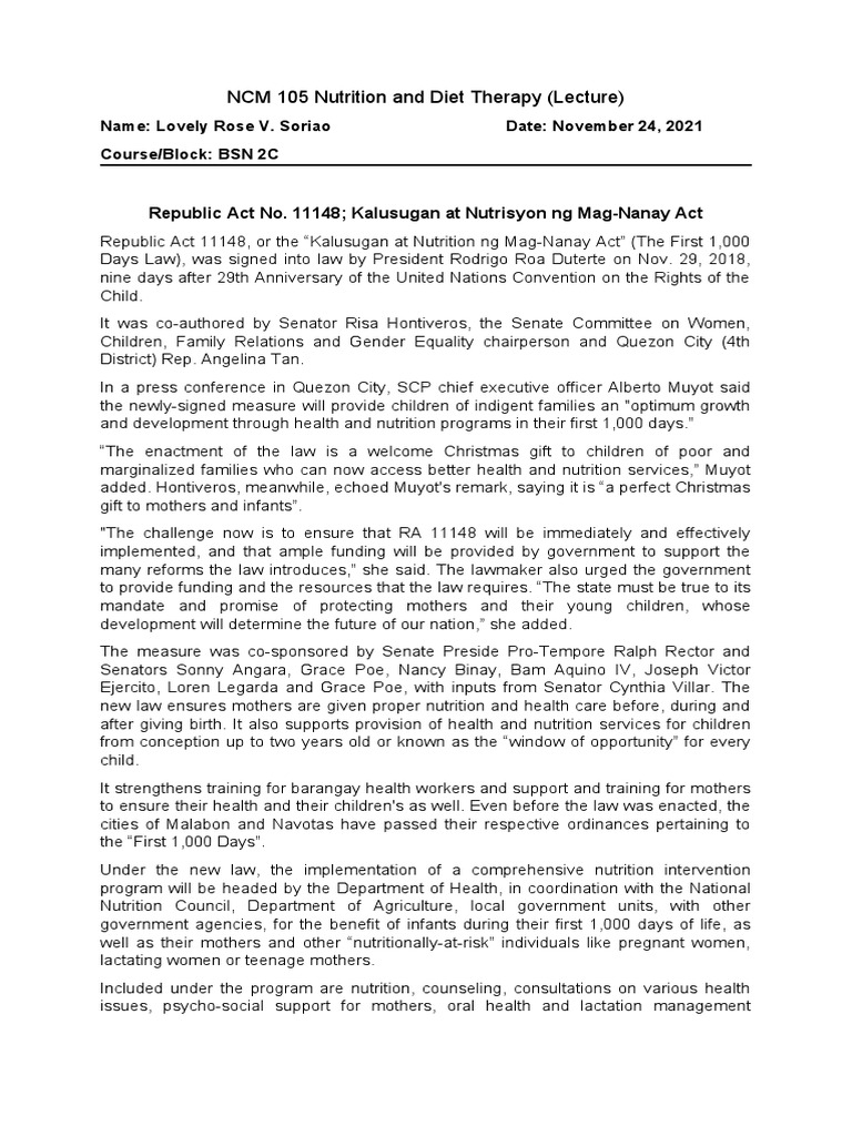 RA. No. 11148 or Mag - Nanay Act | PDF | Malnutrition | Infants