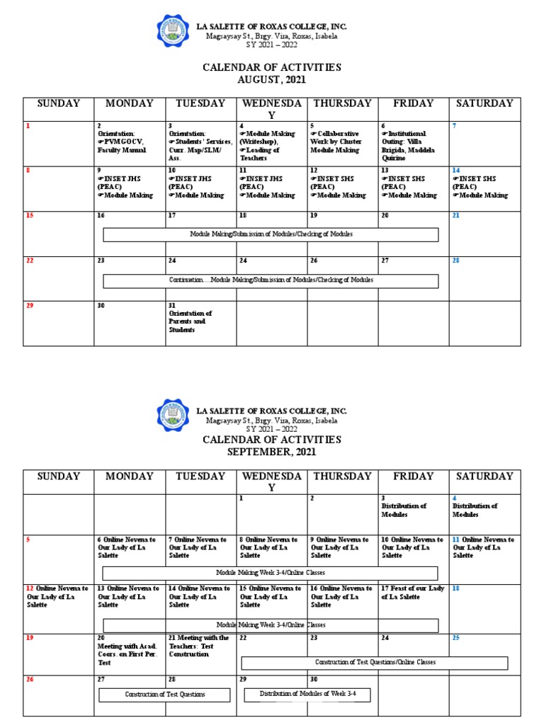 La Salette Roxas College Activity Calendar | PDF