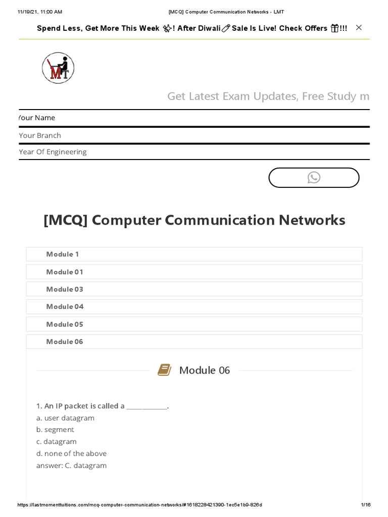 (MCQ) Computer Communication Networks - LMT6 | PDF | Transmission Control Protocol | Internet ...
