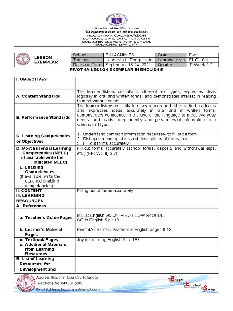 English Le-Q1 Week-1-2 | PDF | Learning | Deposit Account