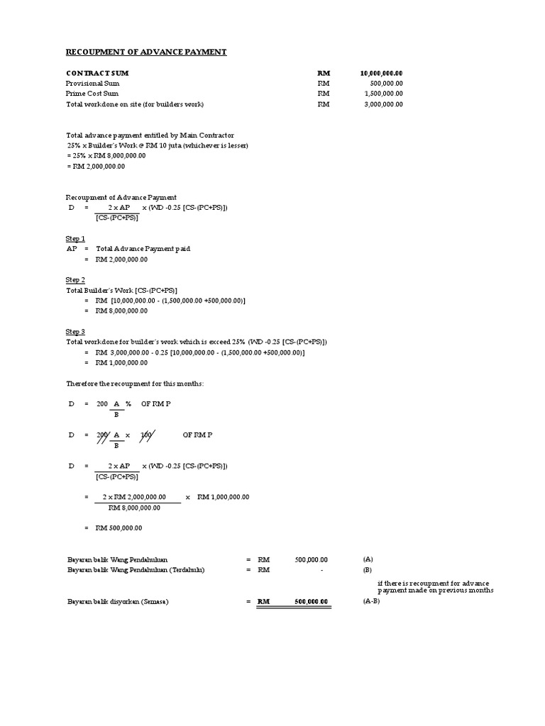 Recoupment of Advance Payment: Contract Sum RM 10,000,000.00 | PDF ...