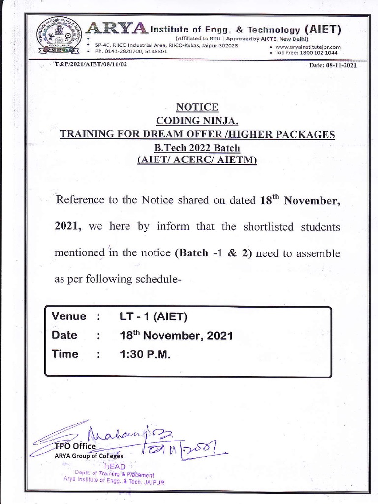 Coding Ninja Training for B.Tech 2022 | PDF
