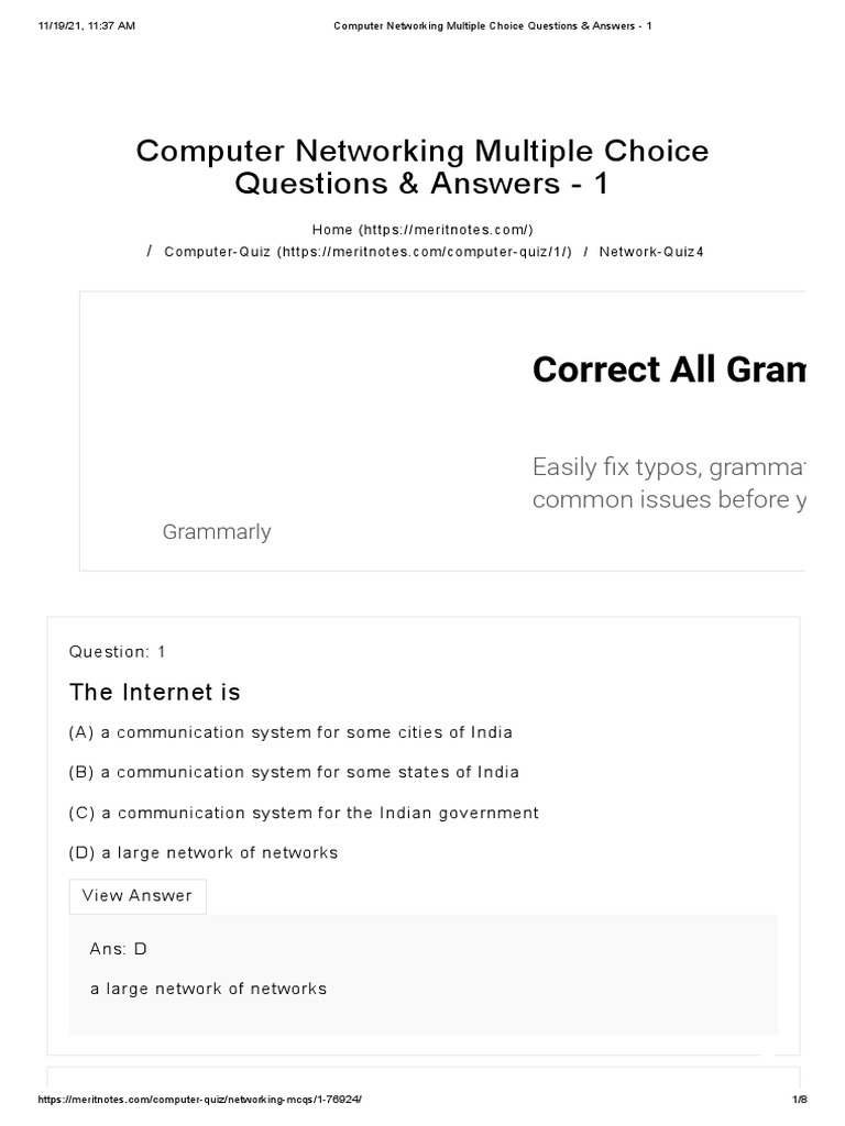 Computer Networking Multiple Choice Questions & Answers - 1 | PDF | Computer Network | Electronics