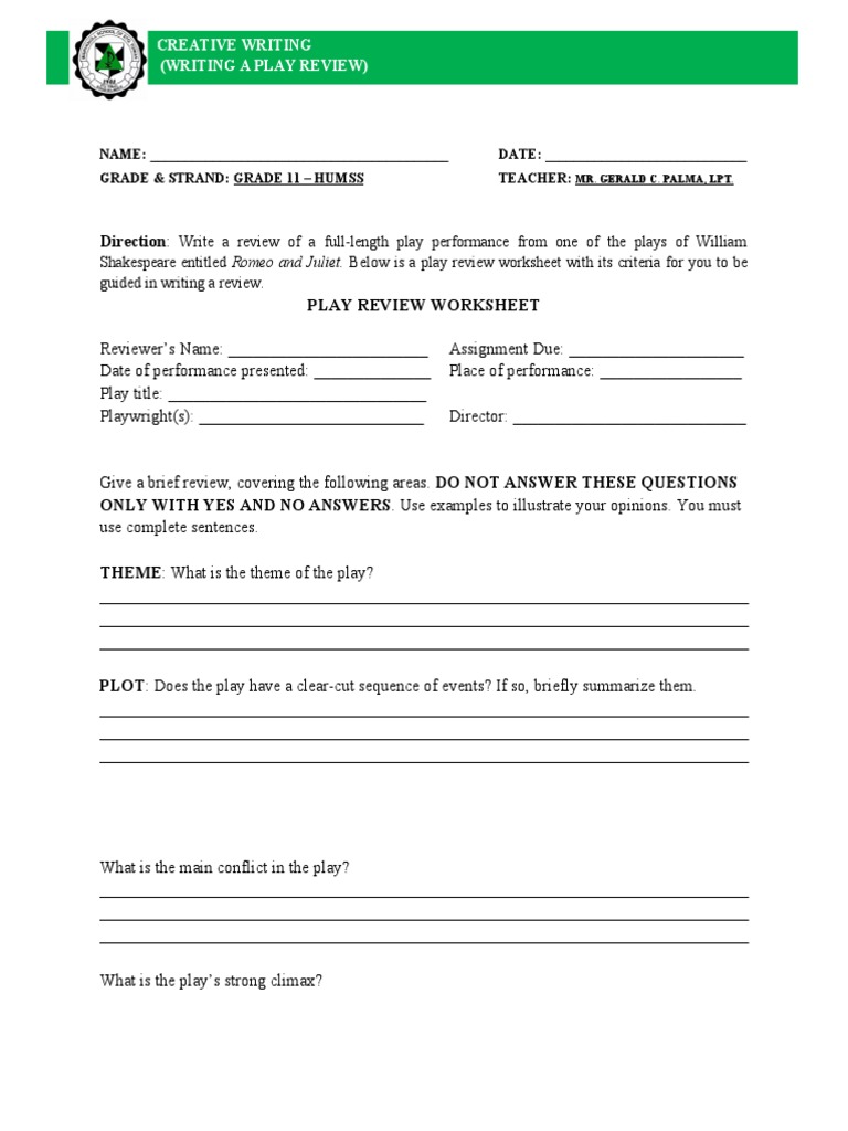 Play Review Worksheet | PDF