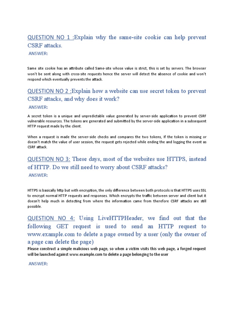 CSRF Answers | PDF | Http Cookie | Hypertext Transfer Protocol