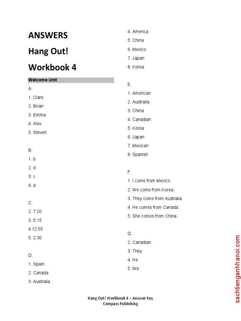 Hang Out 4 Workbook Answer Key | PDF