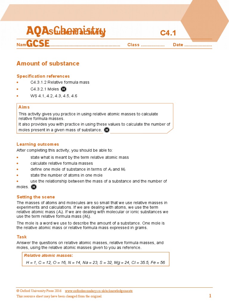C4.1 Student Activity: Amount of Substance | PDF | Mole (Unit) | Nature
