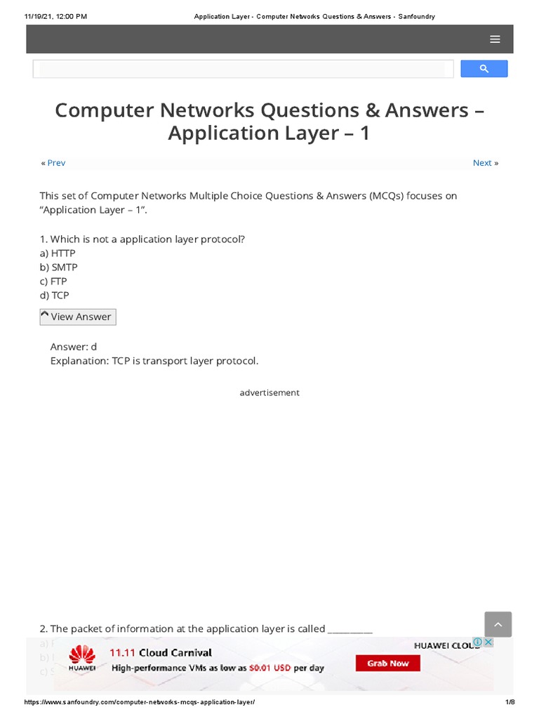 Application Layer - Computer Networks Questions & Answers - Sanfoundry | PDF | Computer Network ...