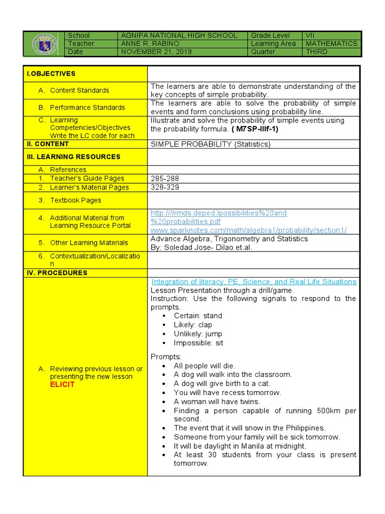 COT 2-Simple Probability | PDF | Probability | Learning