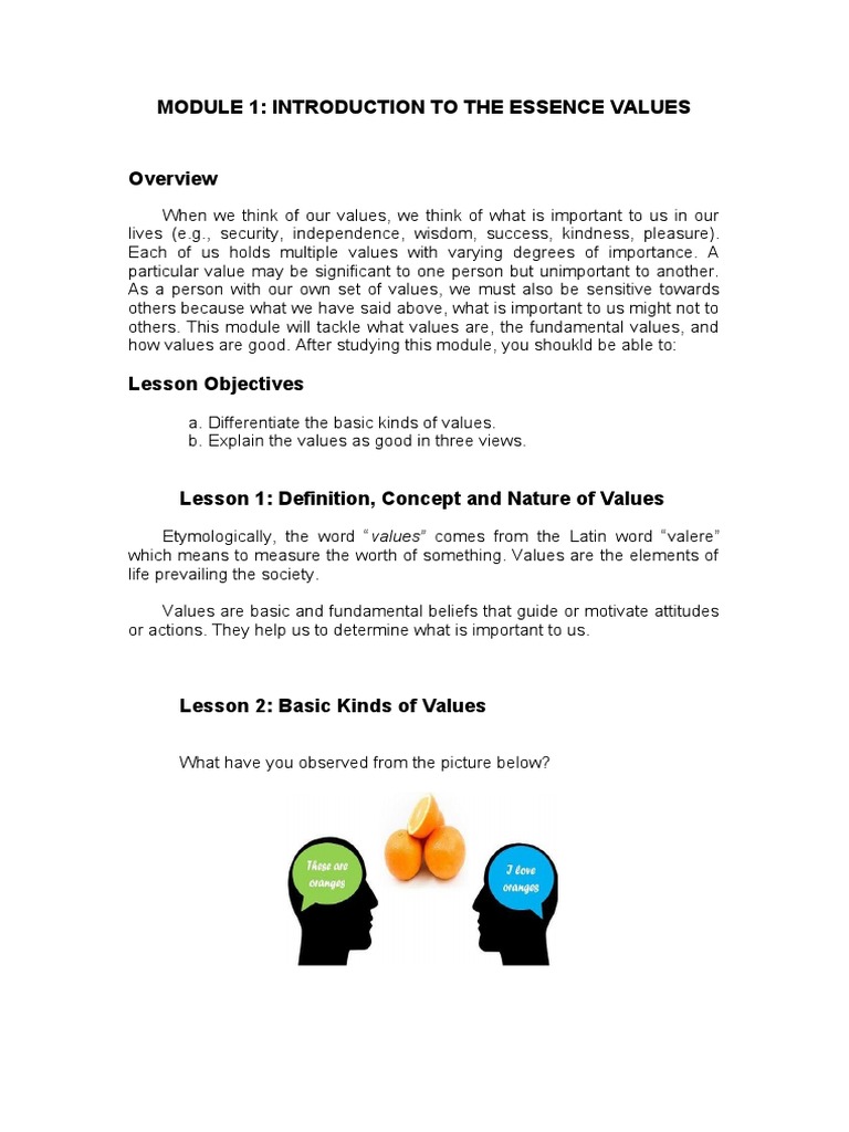 Module 1: Introduction To The Essence Values | PDF | Value (Ethics) | Morality
