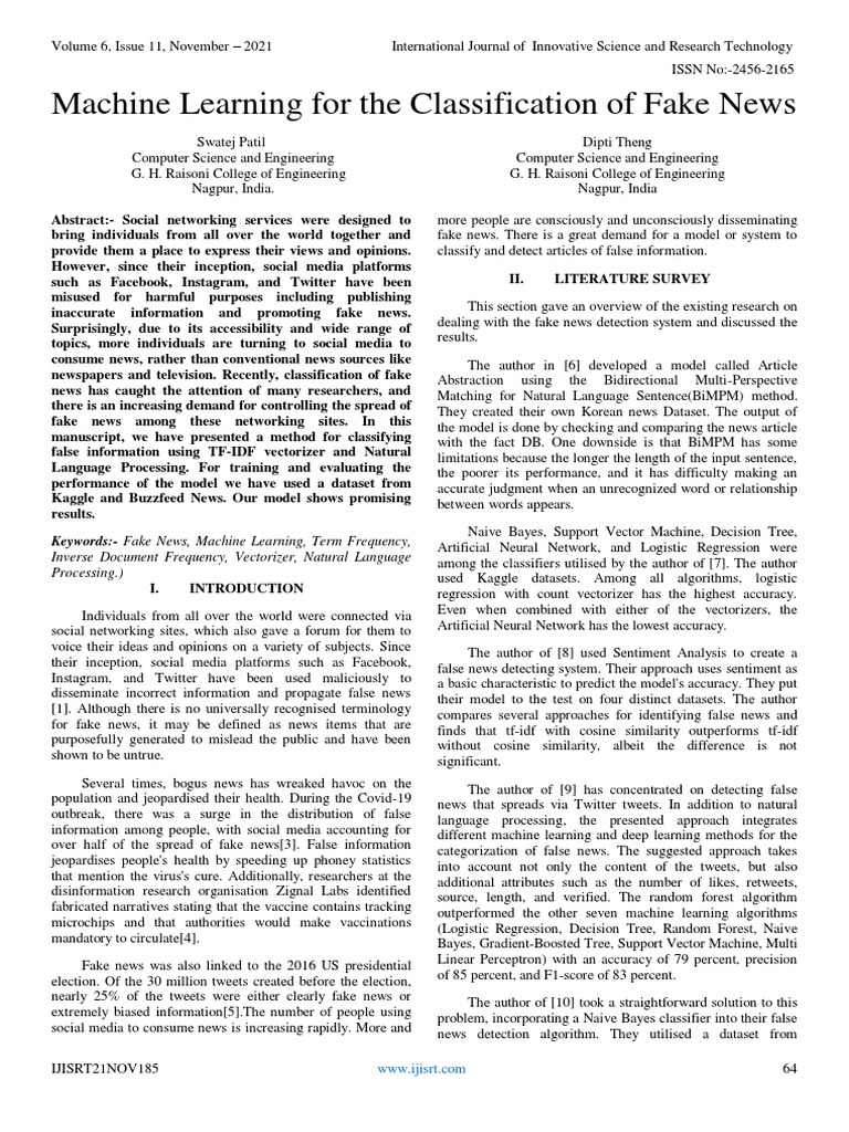Machine Learning For The Classification of Fake News | PDF | Machine ...
