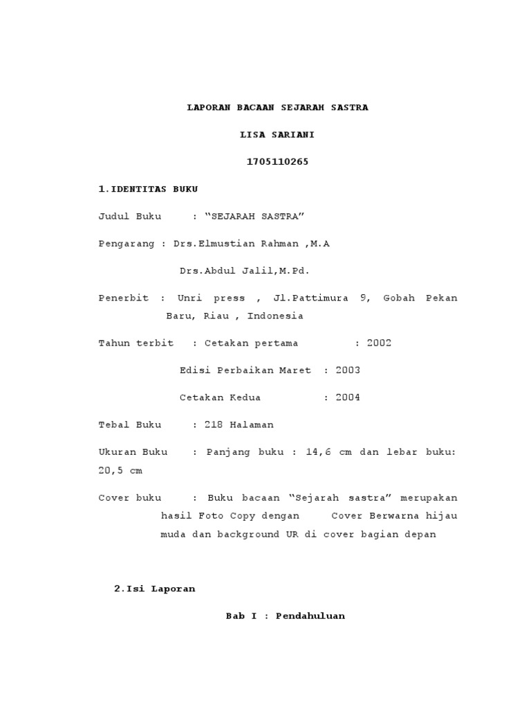 Sejarah Sastra Indonesia: Laporan Bacaan | PDF | Sejarah | Klasik